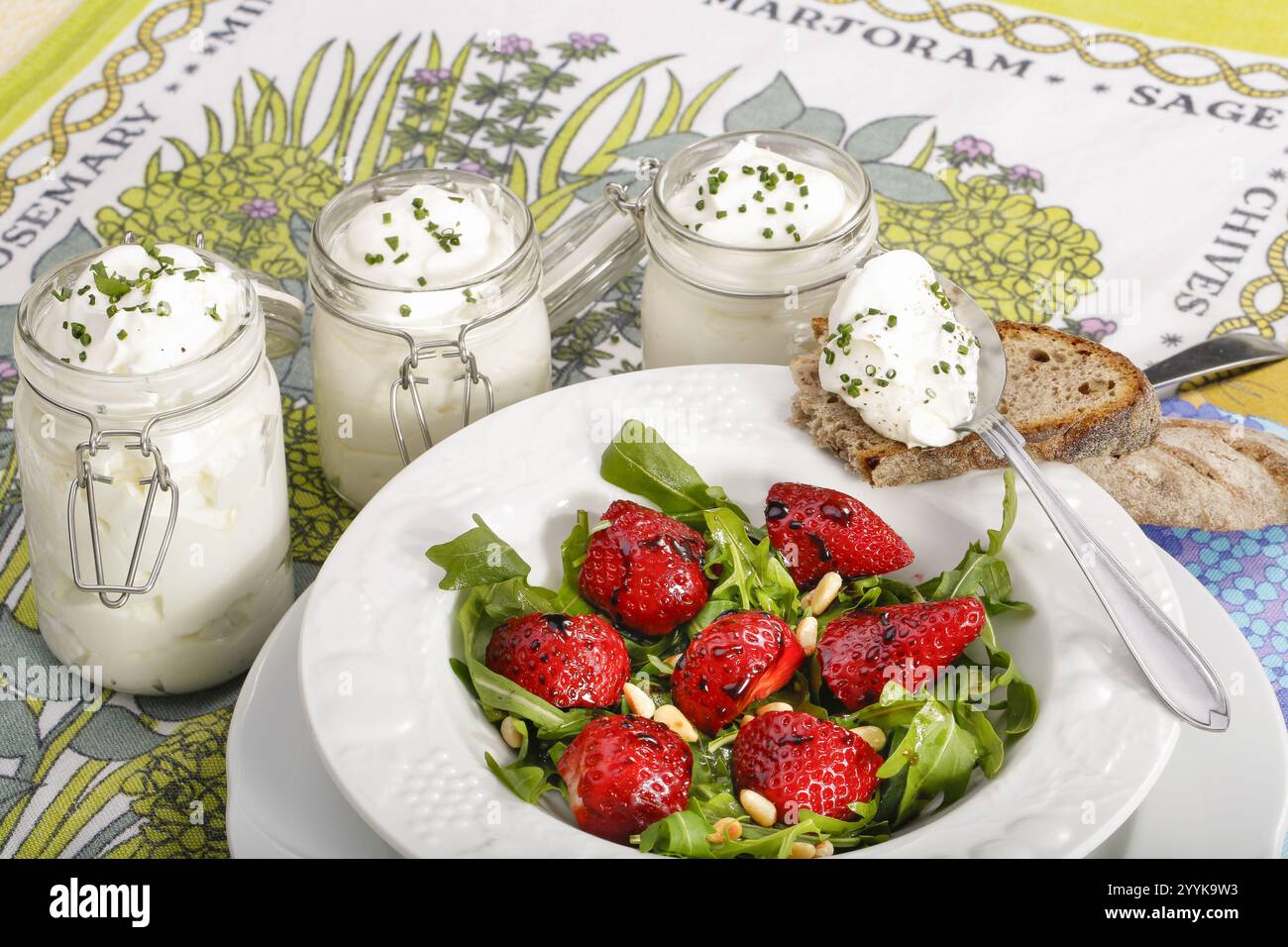 Swabian cuisine, Luggeles cheese in a jar, salad rocket with ...