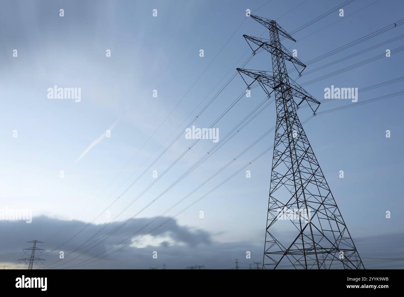 A single electricity pylon in front of a wide sky at dusk, quiet scene ...