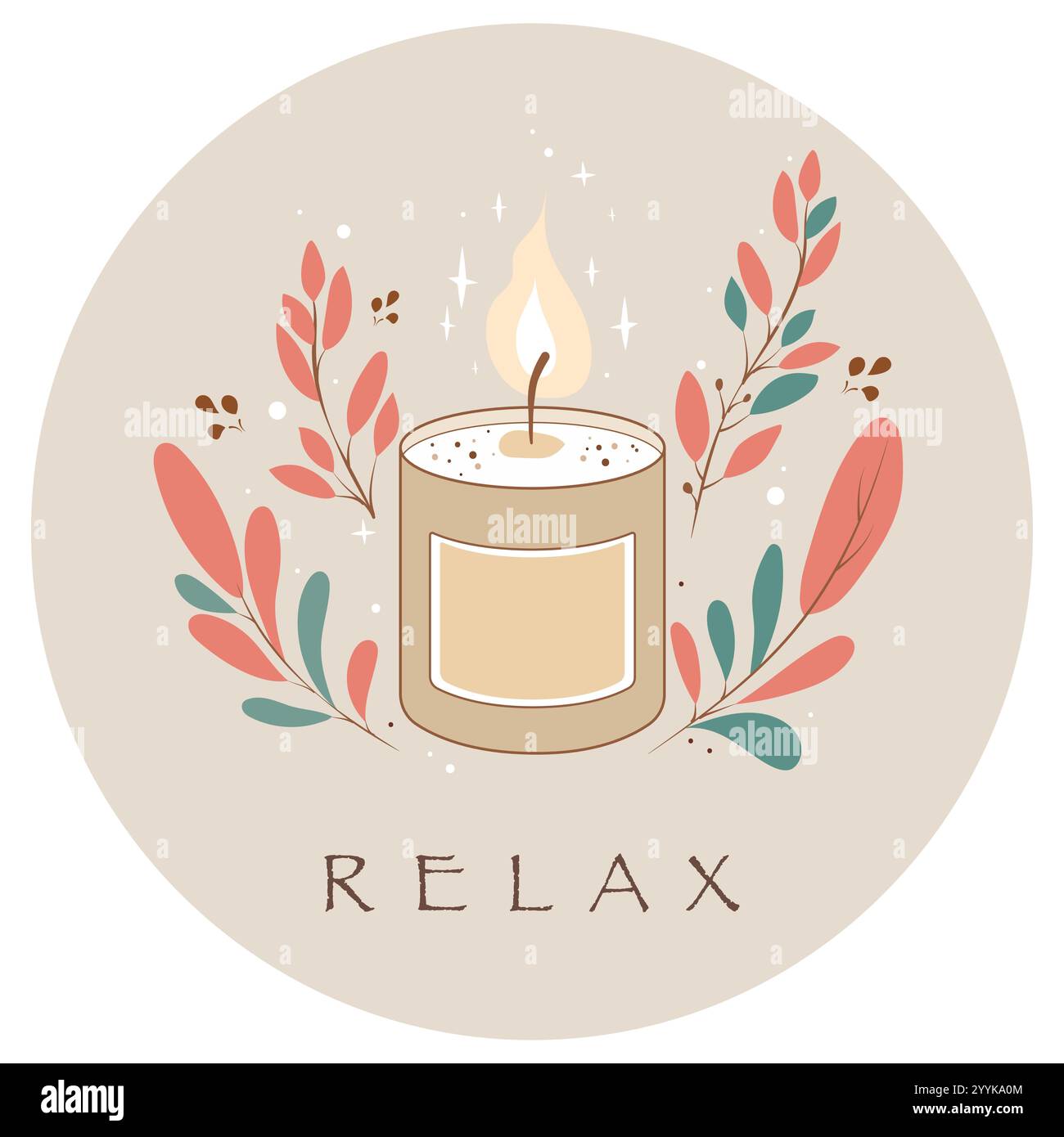 Lit Candle with flame. Coral and dark green Leaves on a beige circular ...