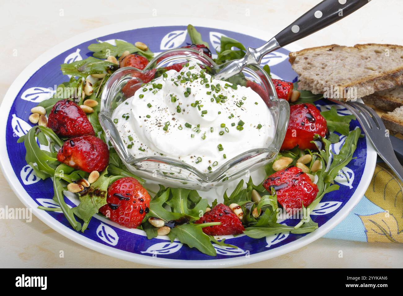 Swabian cuisine, Luggeles cheese with strawberries and salad rocket ...