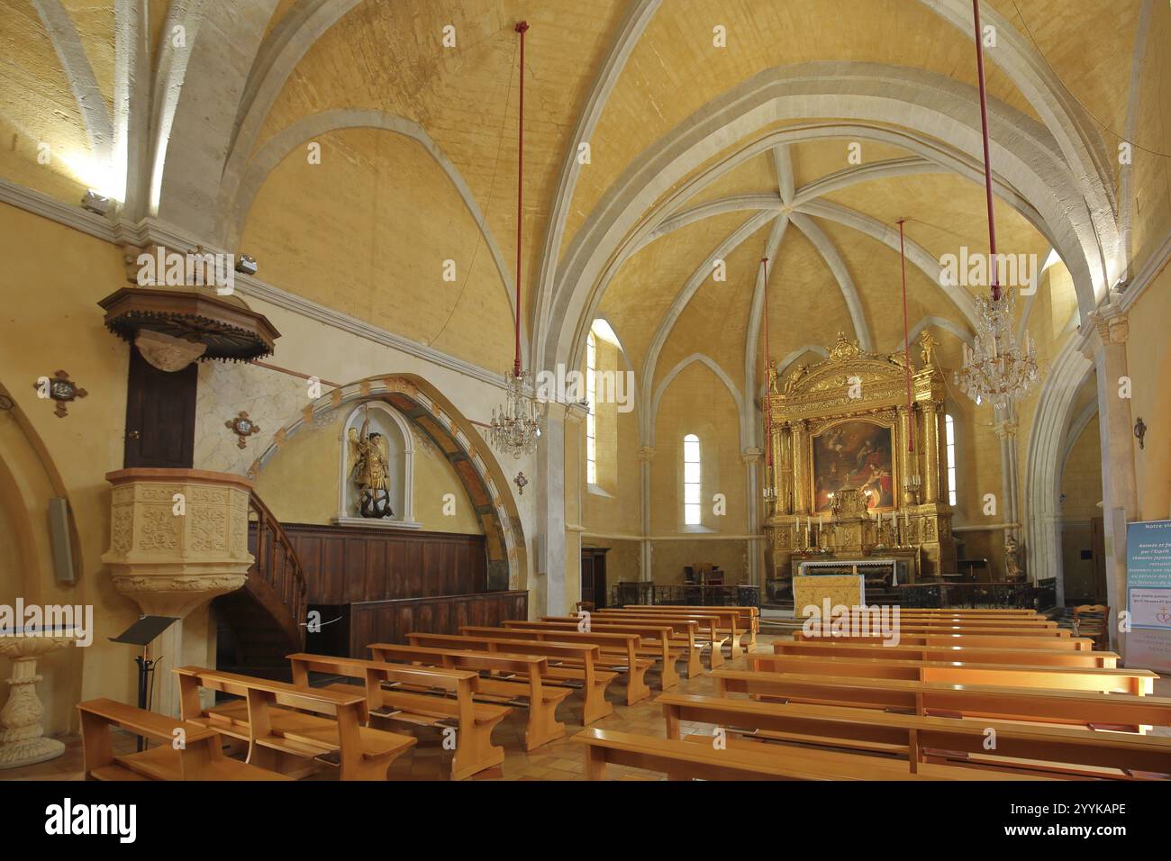 Interior view of Saint Michel church, pulpit, chancel with painting ...