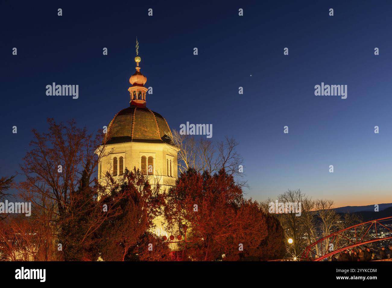 Illuminated bell tower on the Schlossberg in Graz, night shot, Graz ...