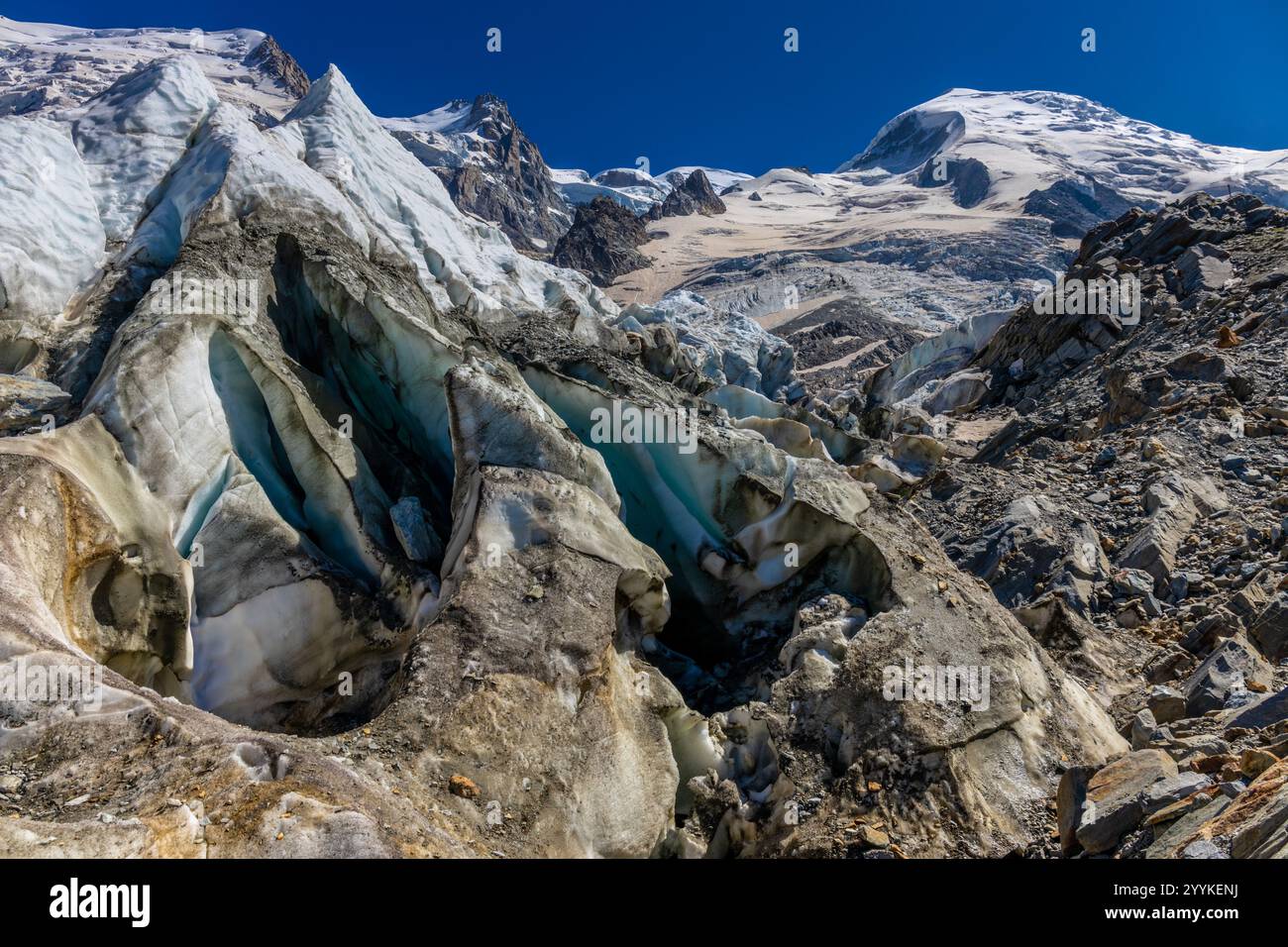 Glacier le Bossons in the French Alps, Chamonix valley, Montblanc. The glacier crevasse and huge ...