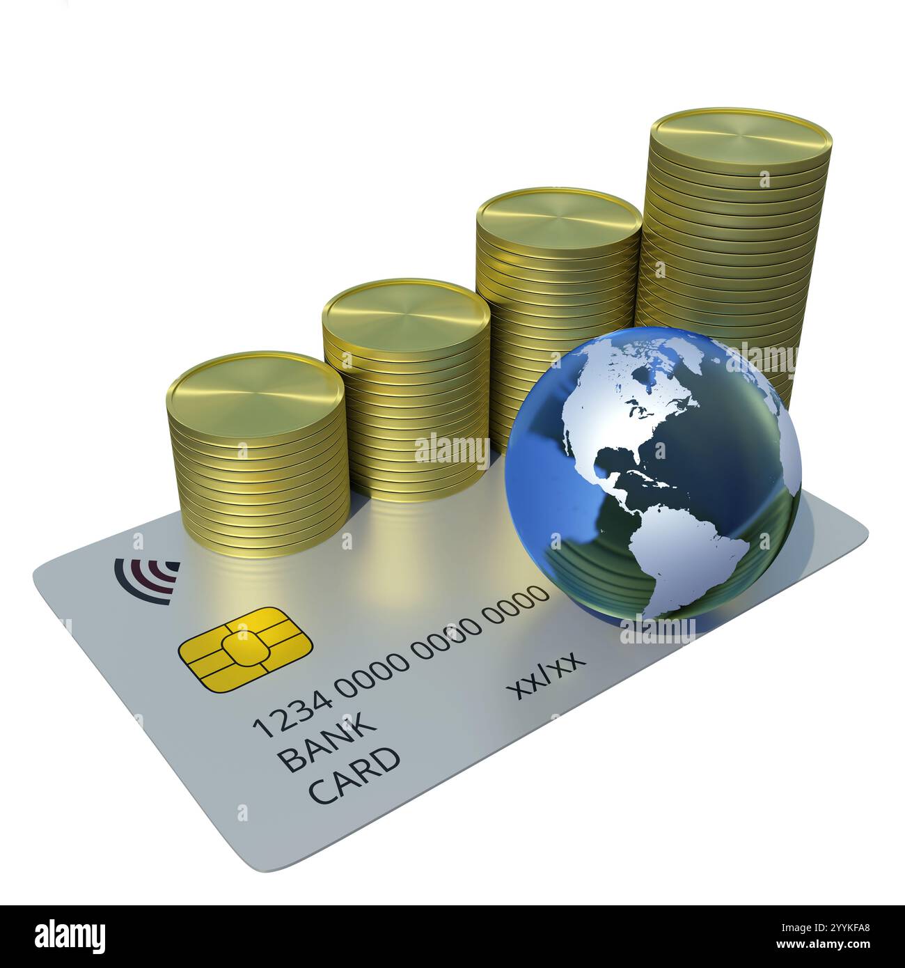 Bank Card Coins Earth on the white Stock Photo - Alamy