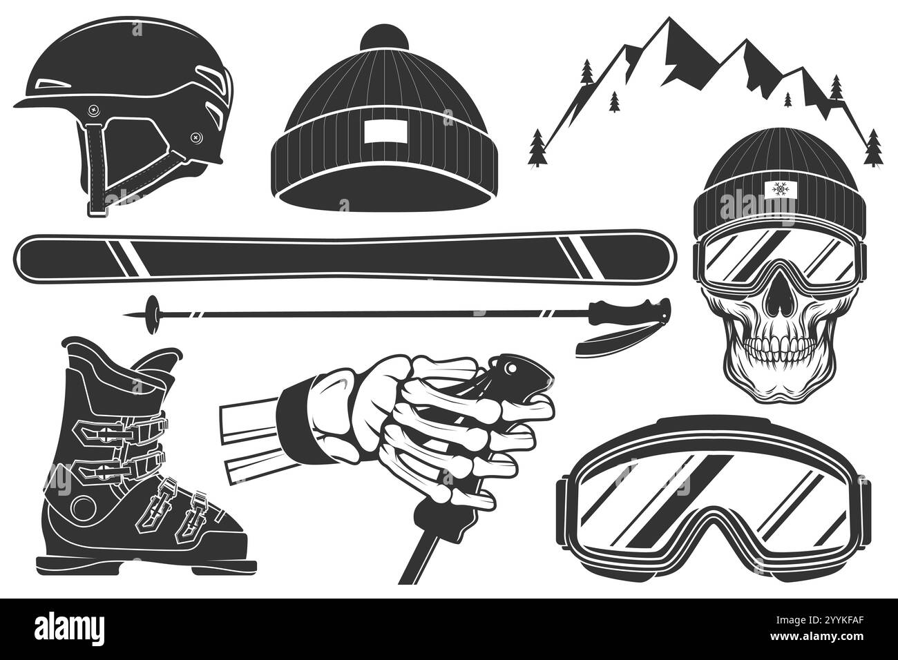 Set of ski Equipment. Vector. Ski glasses, skull, skeleton hand holding ...