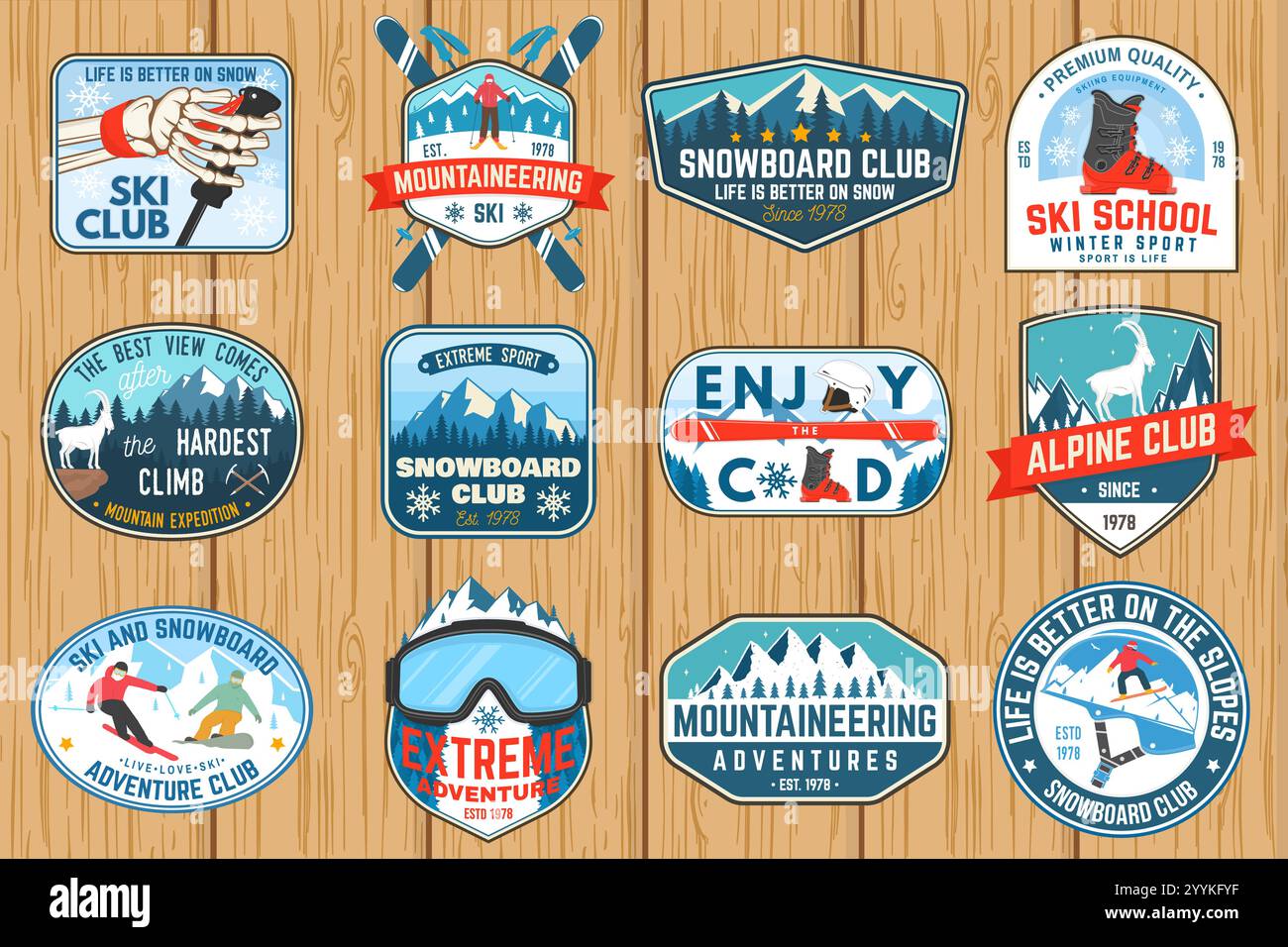 Set of ski and Snowboard Club sport retro badge, textile patch. Vector ...