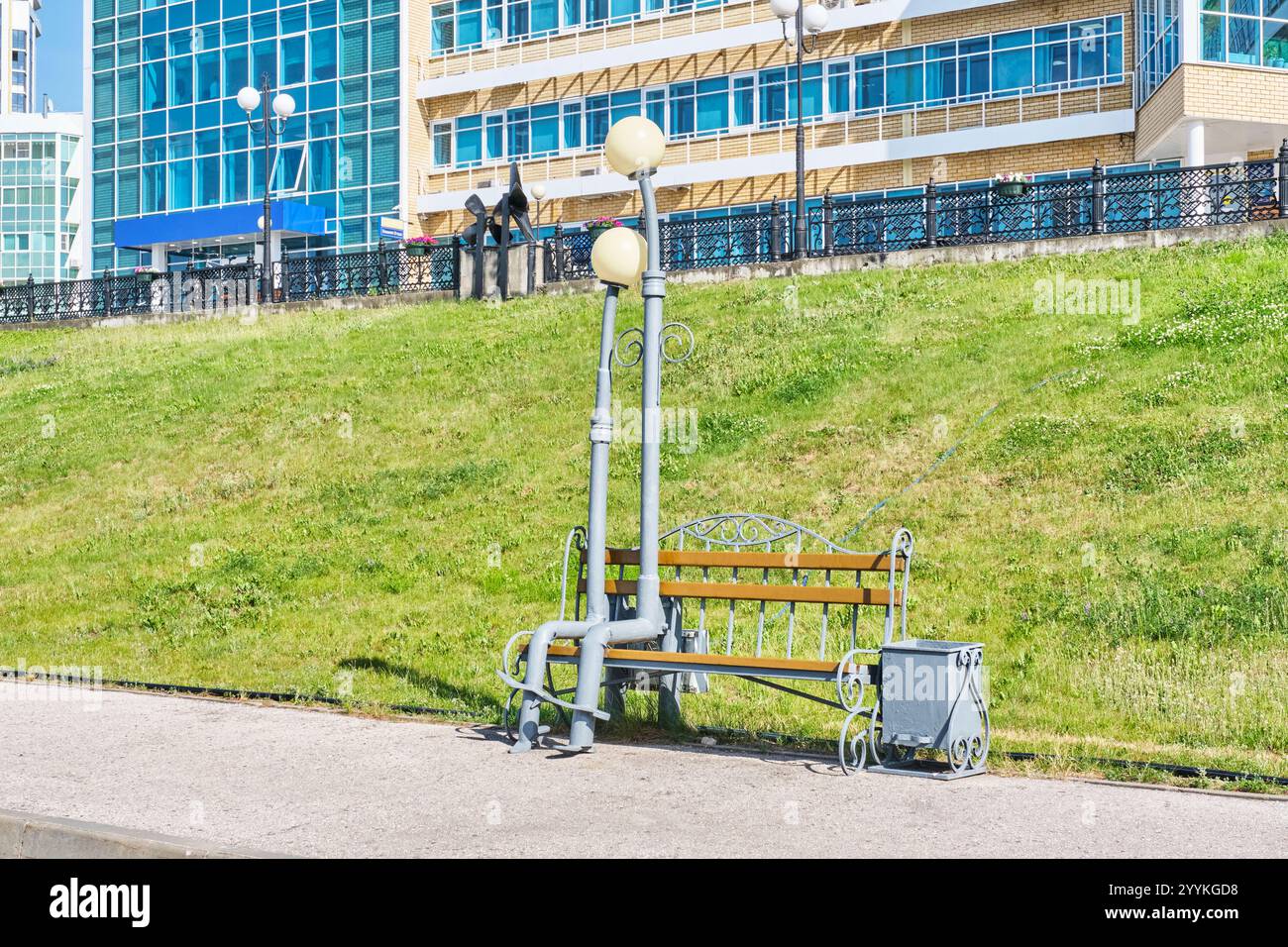 Creative Street Bench with Lamp Post Design in Urban Park Stock Photo ...