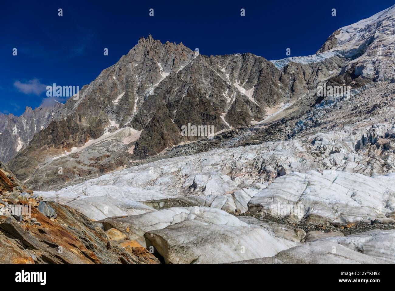 Glacier le Bossons in the French Alps, Chamonix valley, Montblanc. The glacier crevasse and huge ...