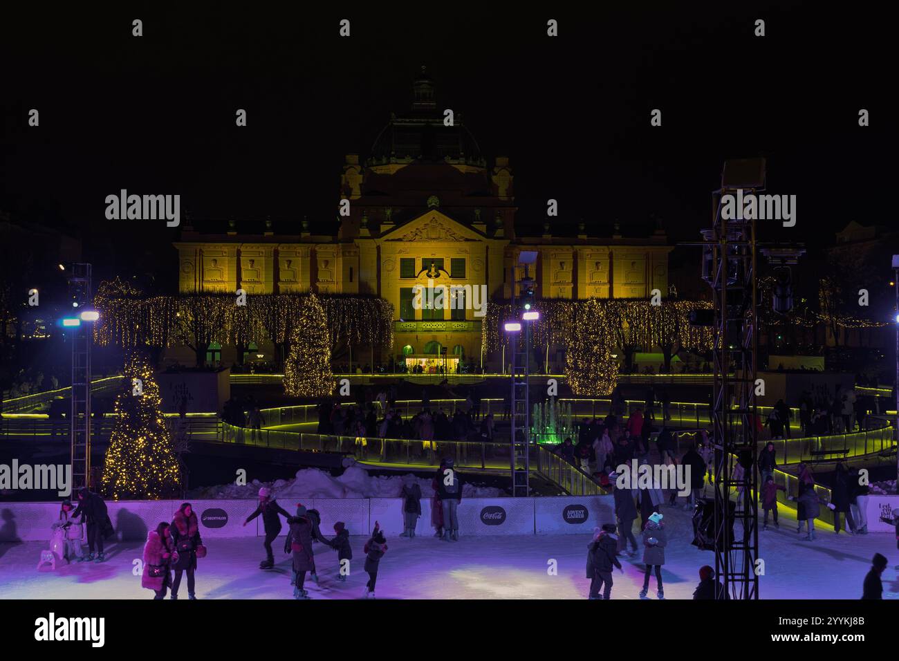 Zagreb, Croatia Ledeni Park Ice Skating rink with festive decorations ...