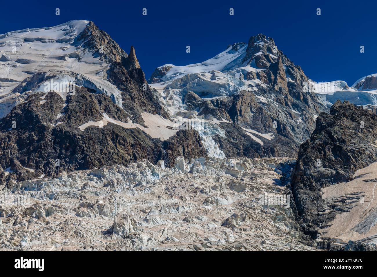Glacier le Bossons in the French Alps, Chamonix valley, Montblanc. The glacier crevasse and huge ...