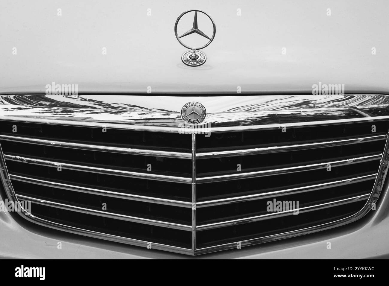 Close up Mercedes Benz logo and car's grille. front view. Concept for Mercedes Benz car market ...