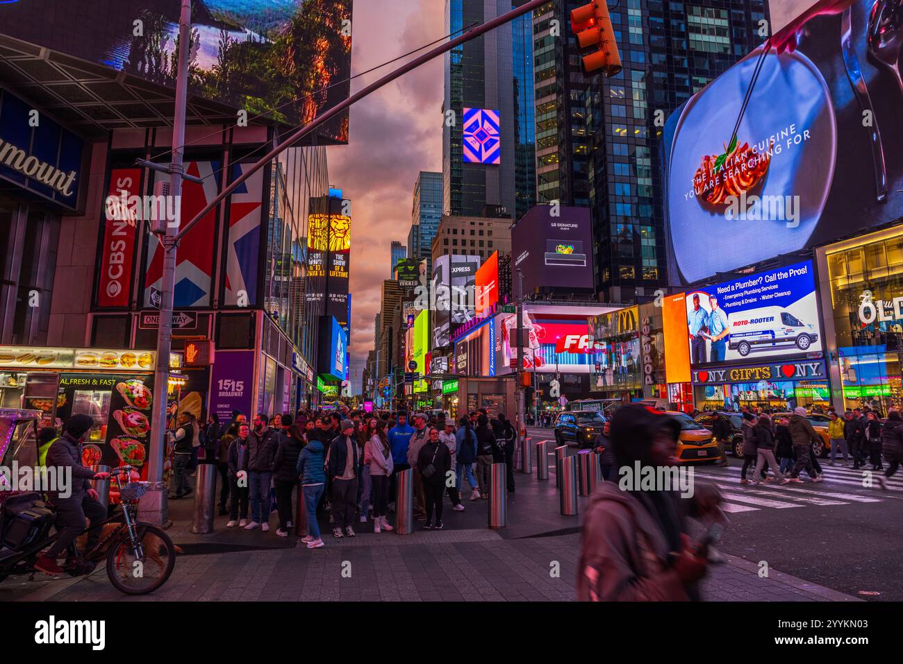 Bustling Times Square at dusk with vibrant billboards, colorful neon ...