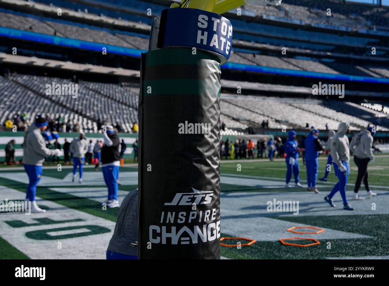 An Inspire Change logo is shown on a goal post at MetLife Stadium ...