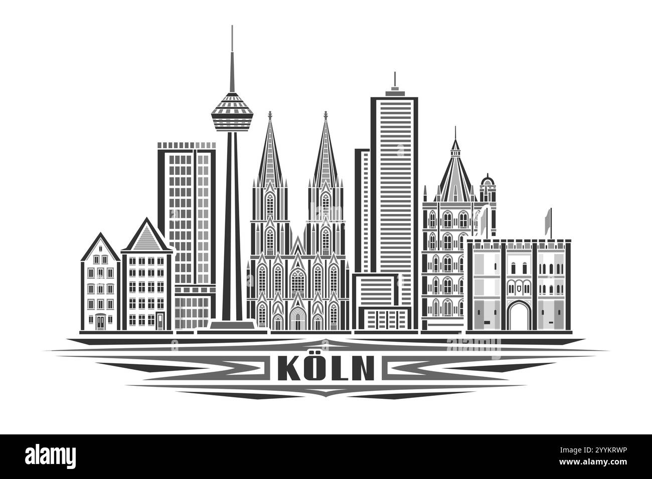Vector illustration of Koln, monochrome horizontal card with linear ...