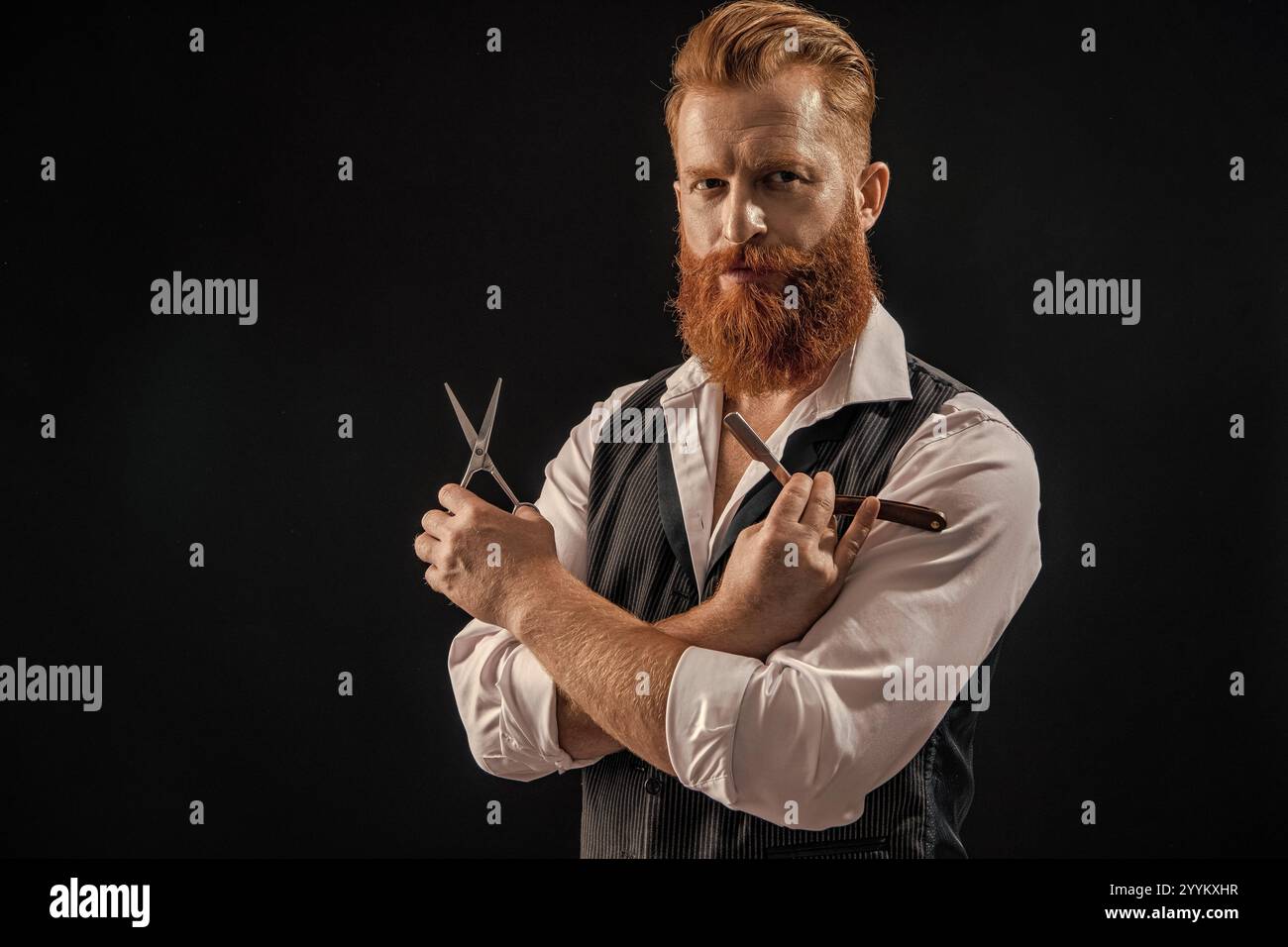 Man hairdressing and barbering. Hairdresser at barbershop isolated on ...