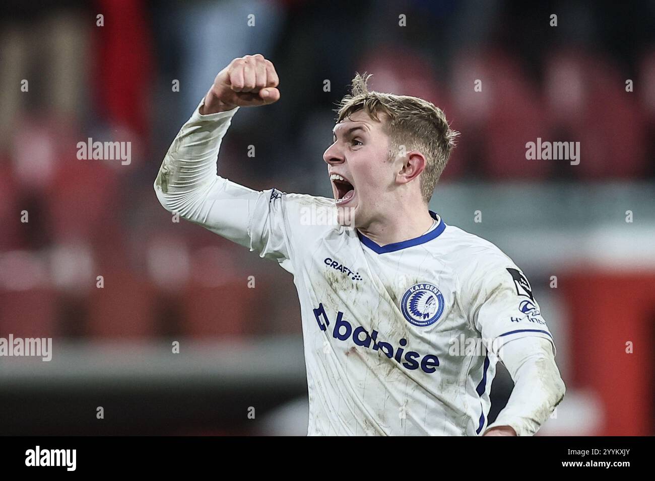 Liege, Belgium. 22nd Dec, 2024. Gent's Max Dean celebrates after a ...