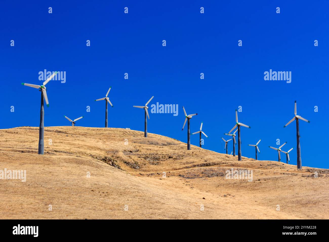 A field of wind turbines on a hillside. The windmills are all facing the same direction, and the ...