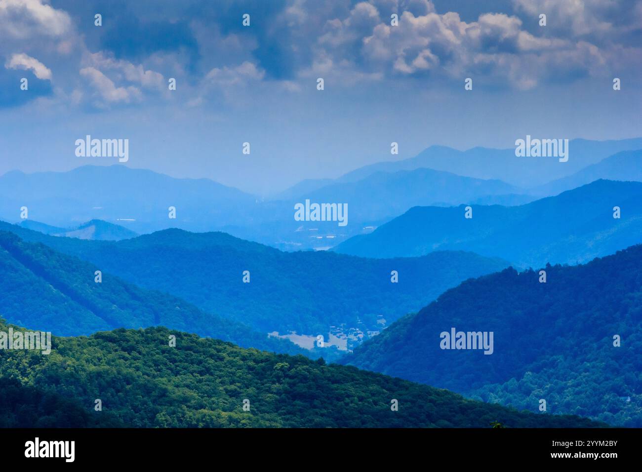 The mountains are covered in lush green trees and the sky is a deep ...