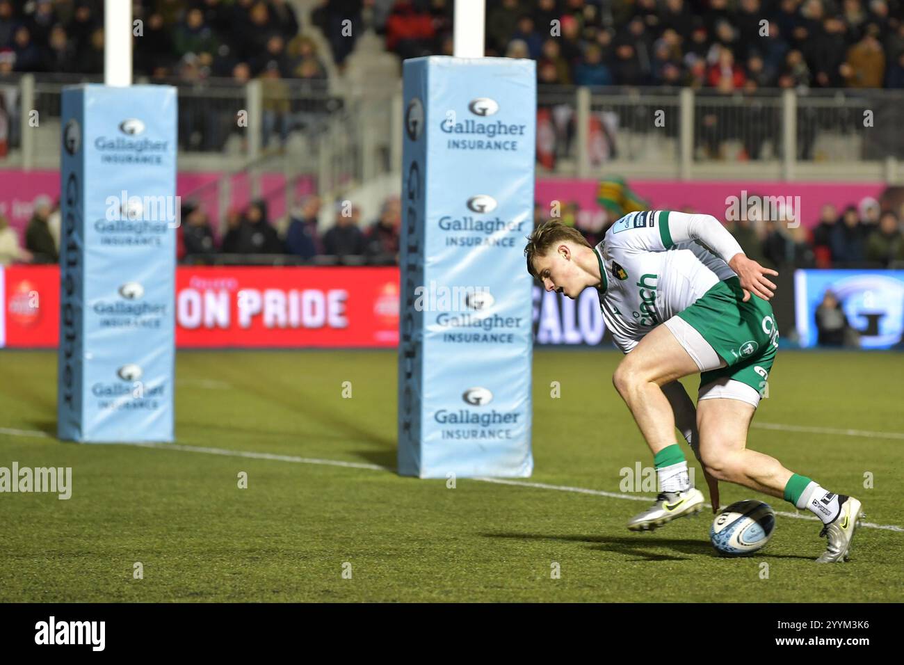 Archie McParland of Northampton Saints runs in a try late in the second ...