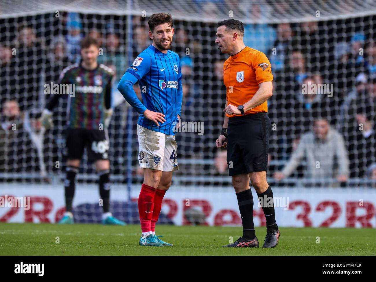 Portsmouth's Callum Lang talking to Referee Dean Whitestone during the ...