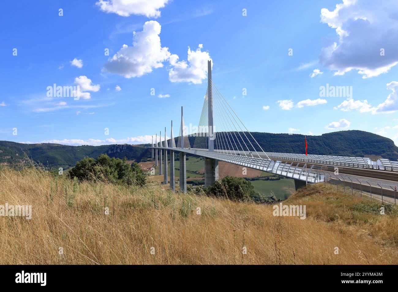 multispan cable stayed Millau Viaduct across gorge valley of Tarn River ...