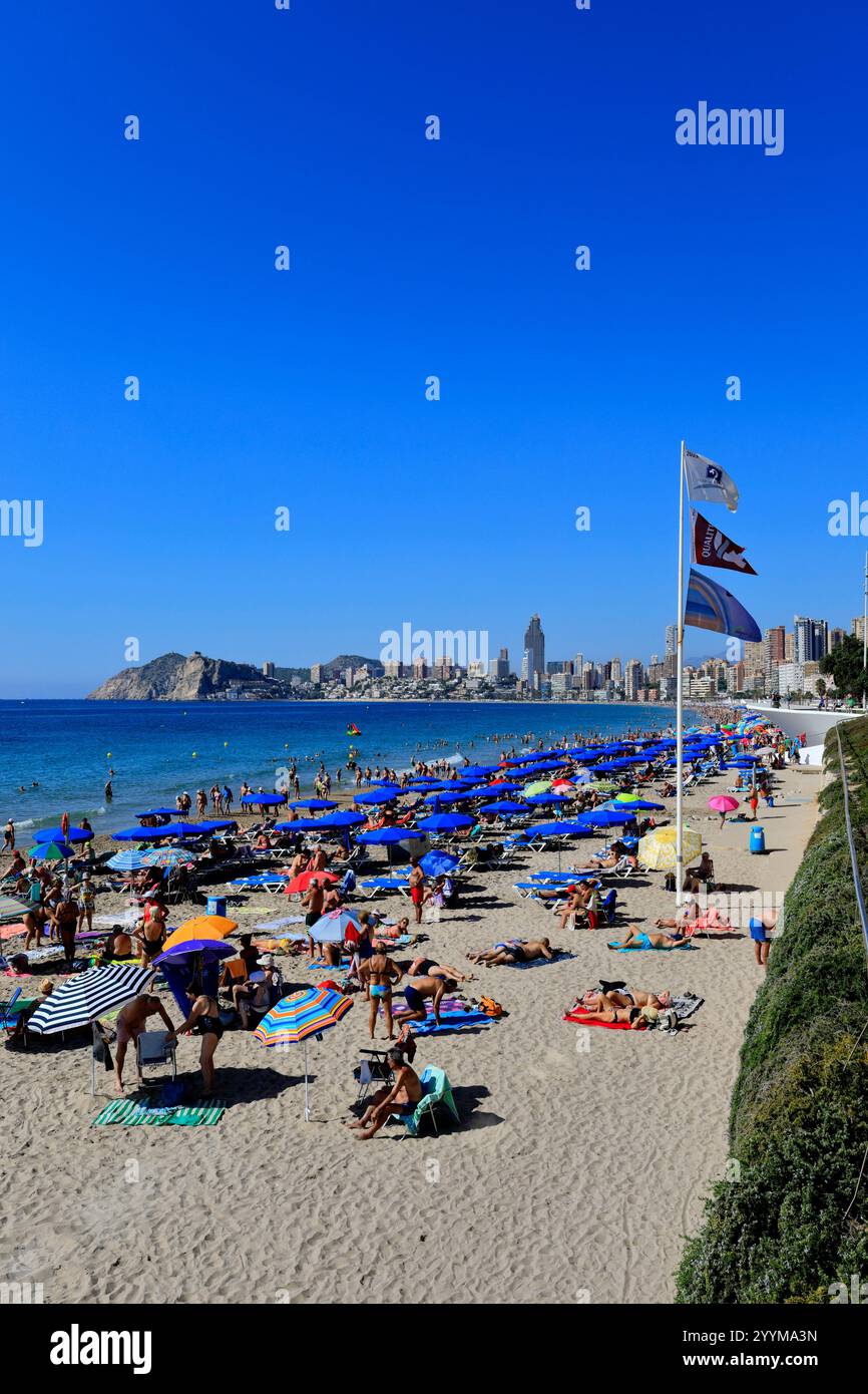 View over Playa de Poniente beach, Benidorm town, Costa Blanca ...