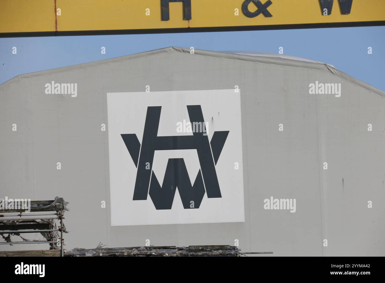 Image of the Harland and Wolff logo on the iconic twin shipbuilding ...
