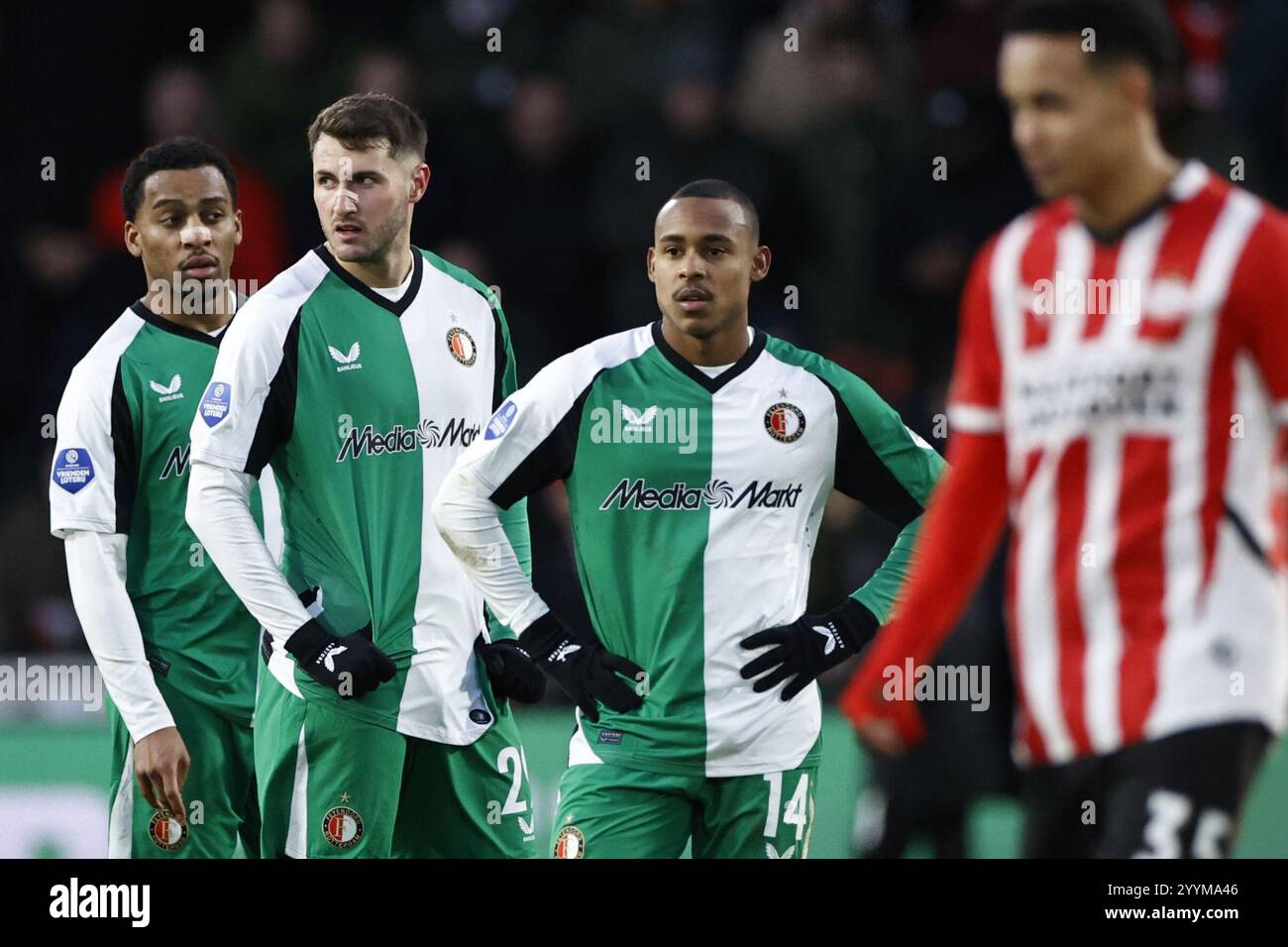 EINDHOVEN - (l-r) Quinten Timber of Feyenoord, Santiago Gimenez of Feyenoord, Igor Paixao of ...