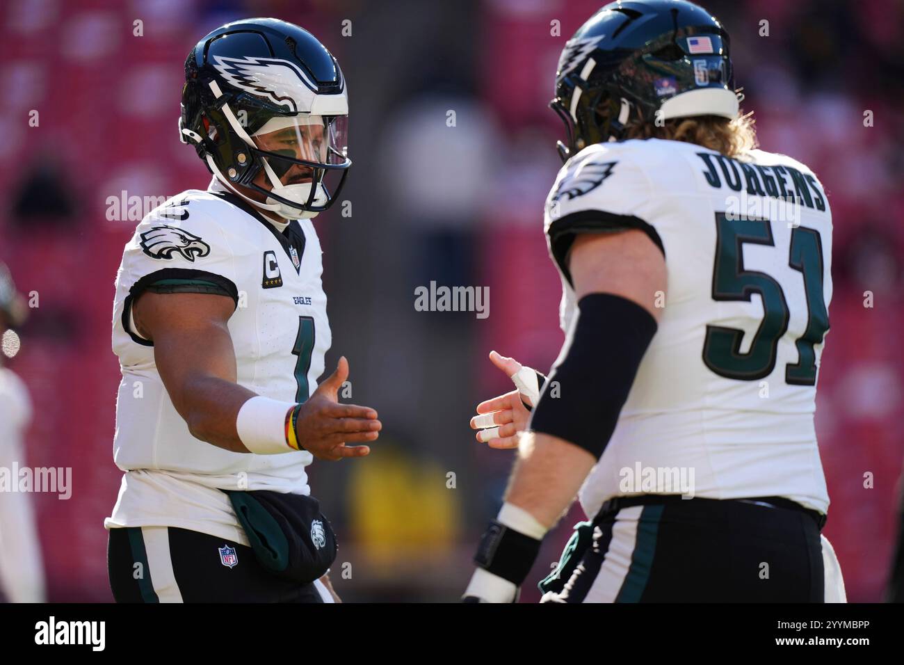 Philadelphia Eagles quarterback Jalen Hurts (1) greets teammate ...