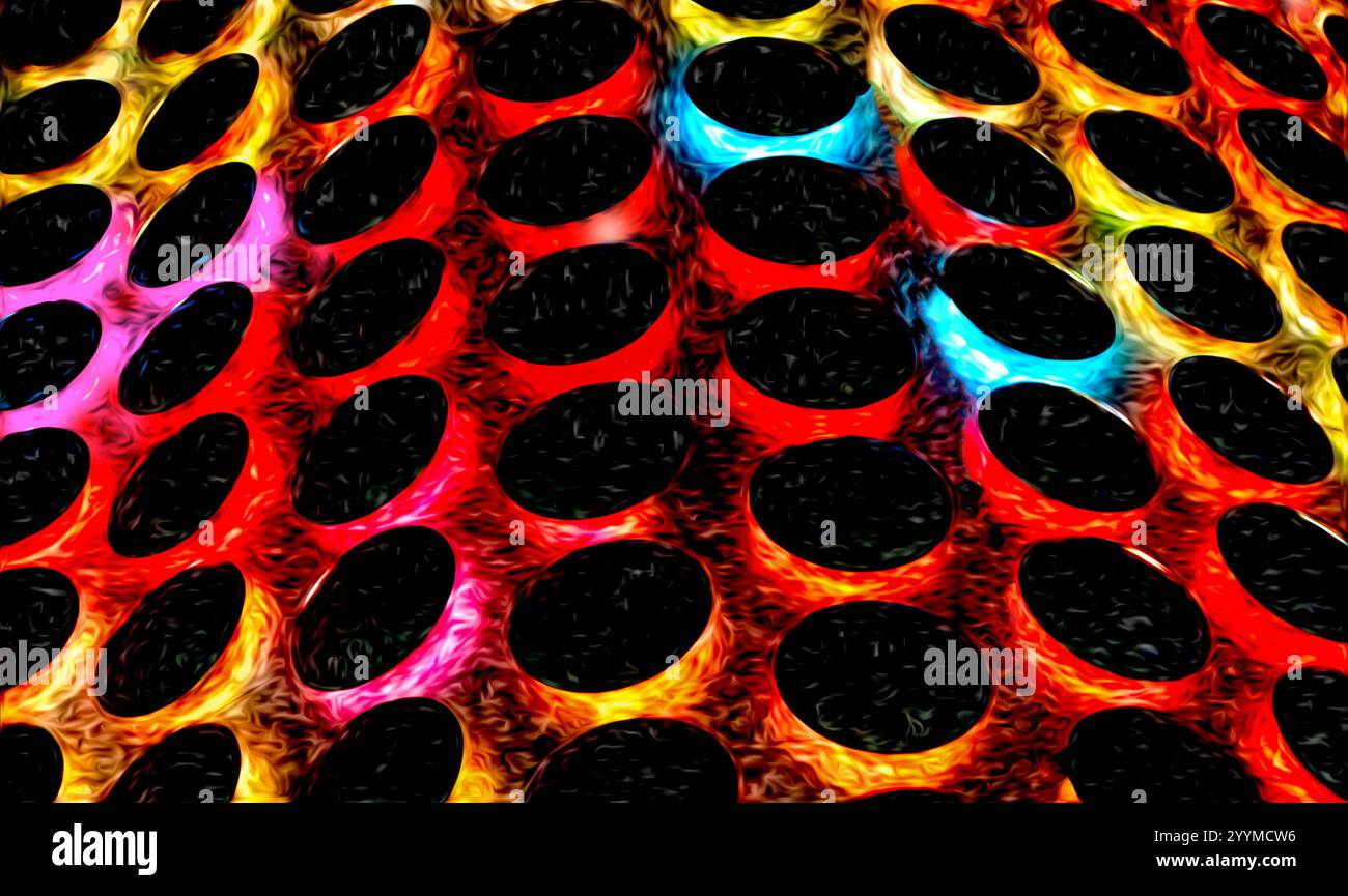 A colorful image of many small circles with a black background. The ...
