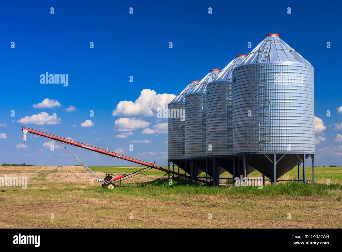 A large silo with a conveyor belt in front of it. The silo is ...