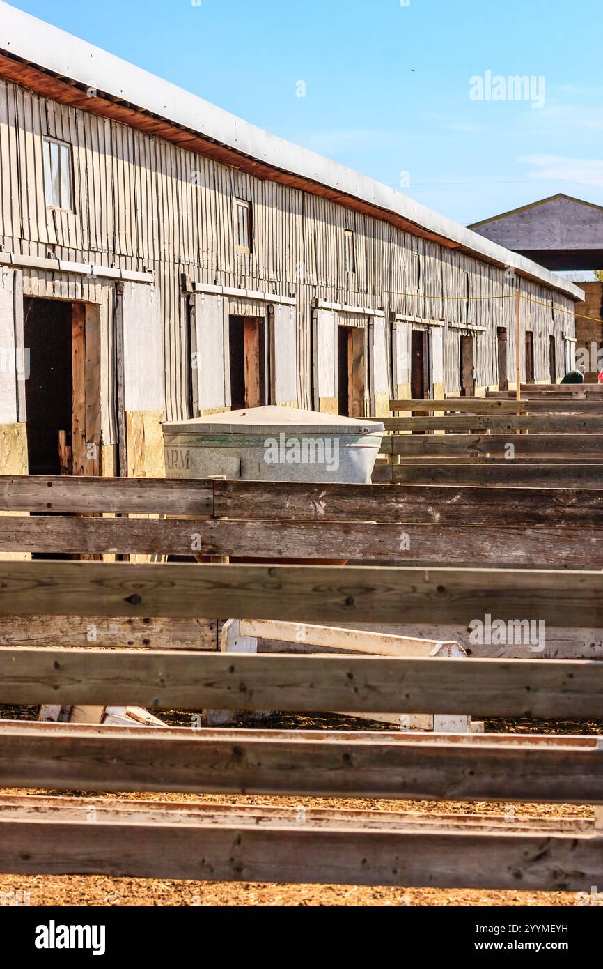 A barn with a lot of wooden slats and a few windows. The barn is old ...