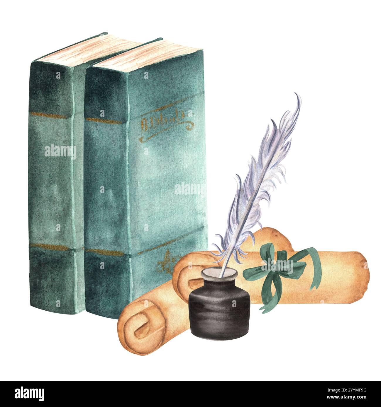 Vintage books, paper scrolls, inkwell and a quill. Old parchments ...