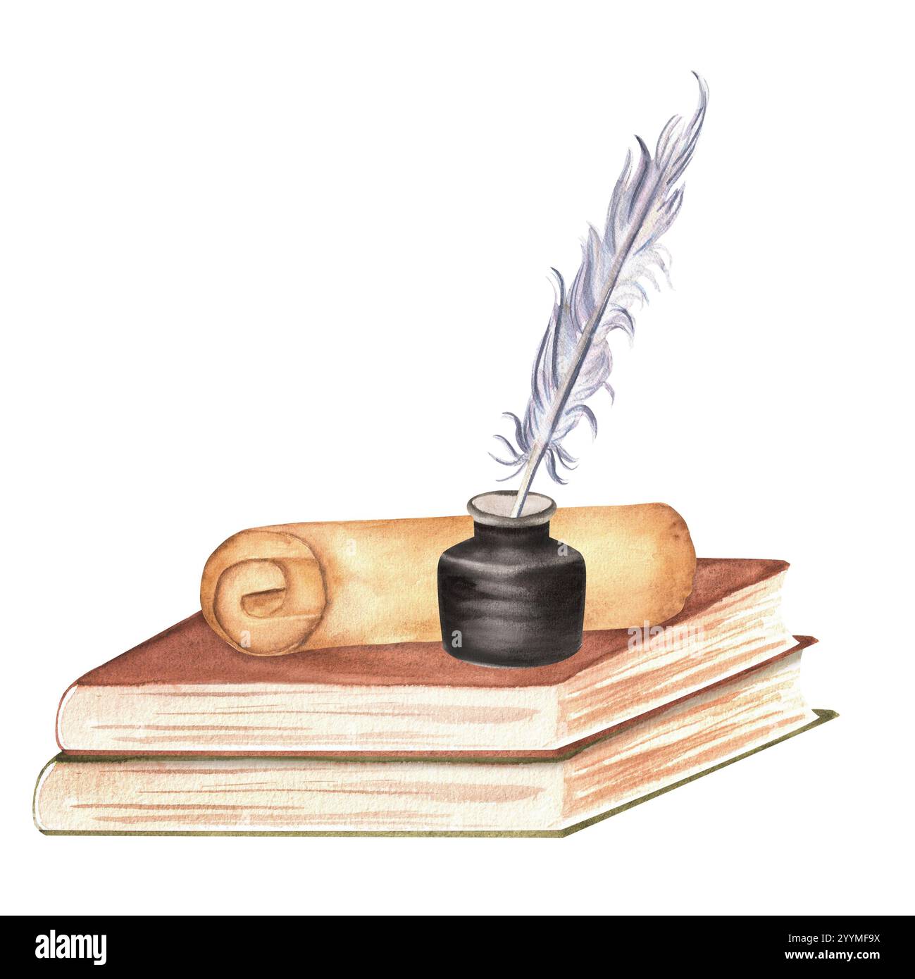 A pile of books, paper scroll, inkwell and a quill. Old parchment ...