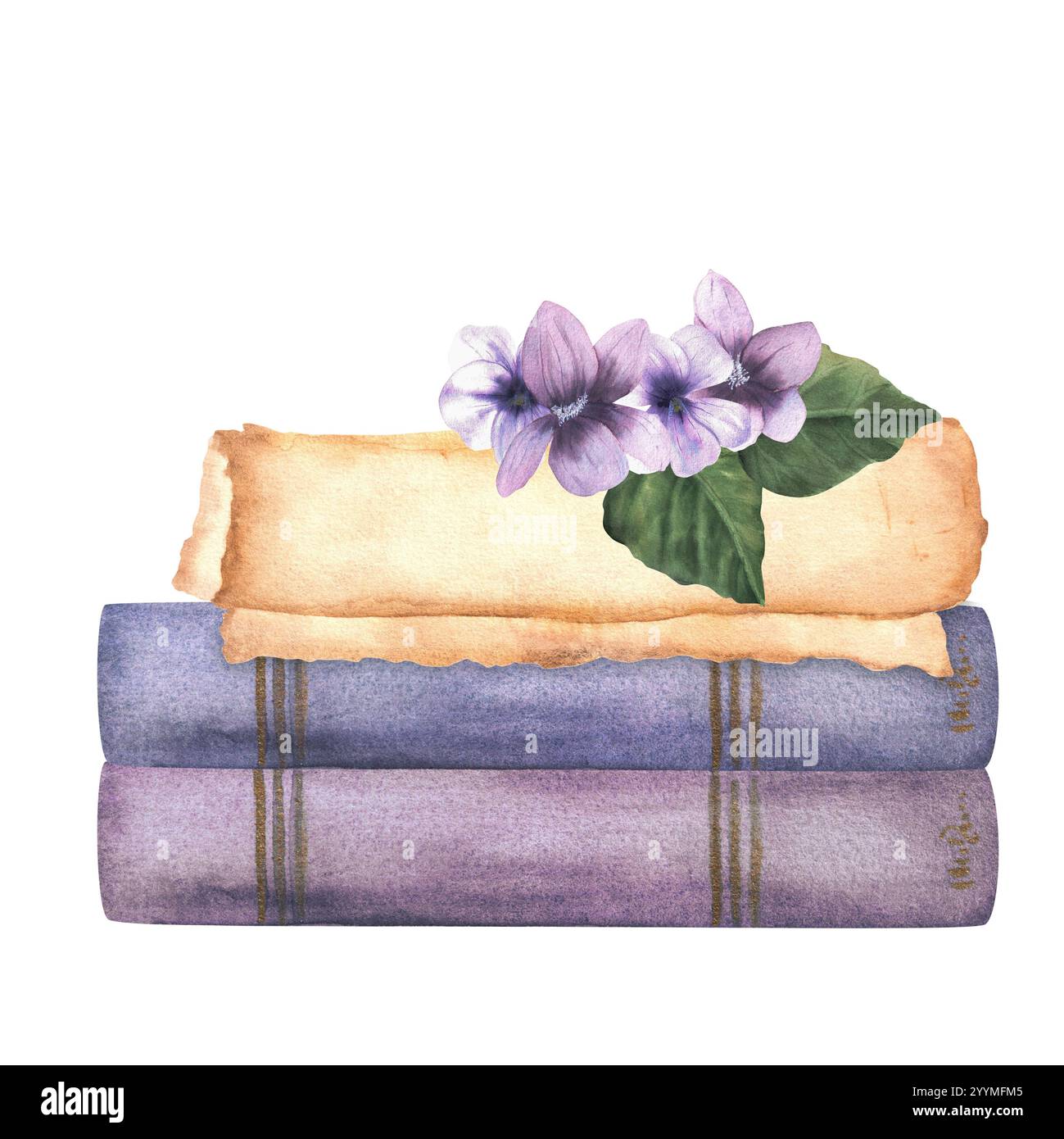 A pile of books with yellowed paper scroll and pansies on it. Vintage ...