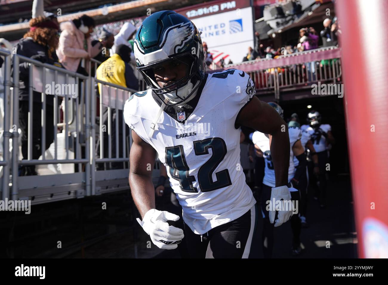 Philadelphia Eagles linebacker Oren Burks (42) taking the field before the start of an NFL ...