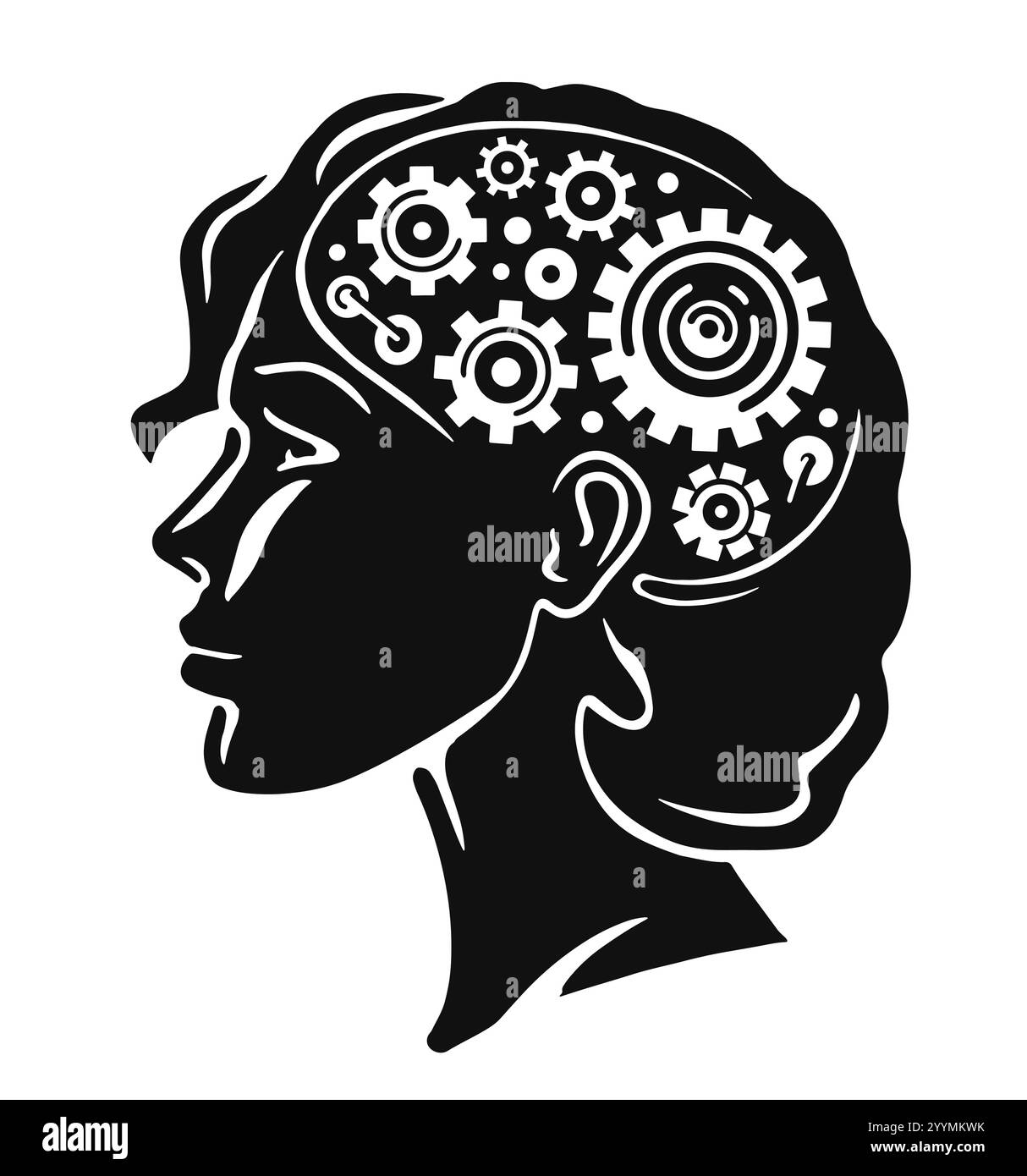 Gears in head of woman. Creation of idea, thought process concept ...