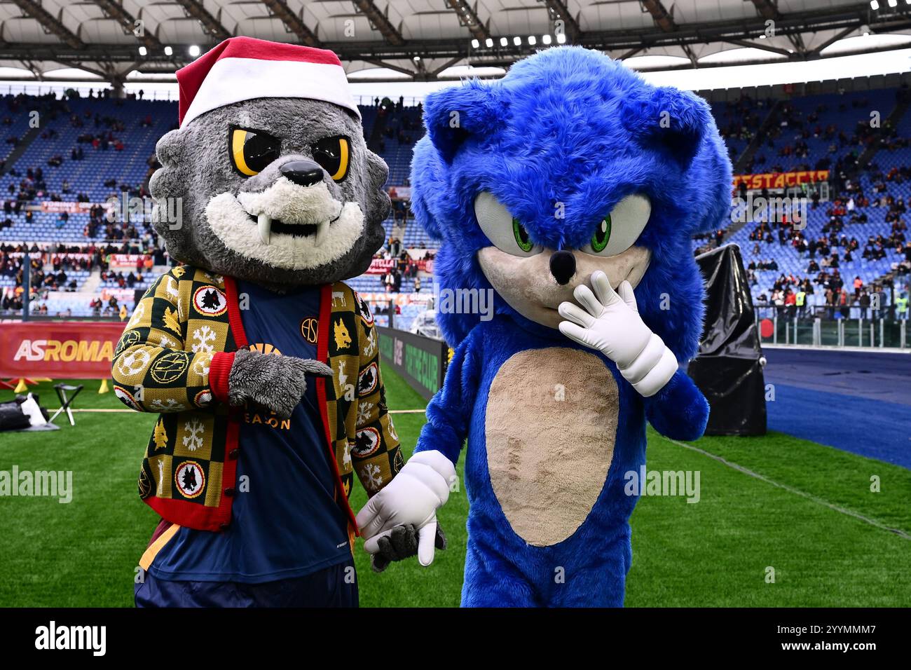 Rome, Italy. 22nd Dec, 2024. Romolo A.S. Roma Mascotte and Sonic seen ...