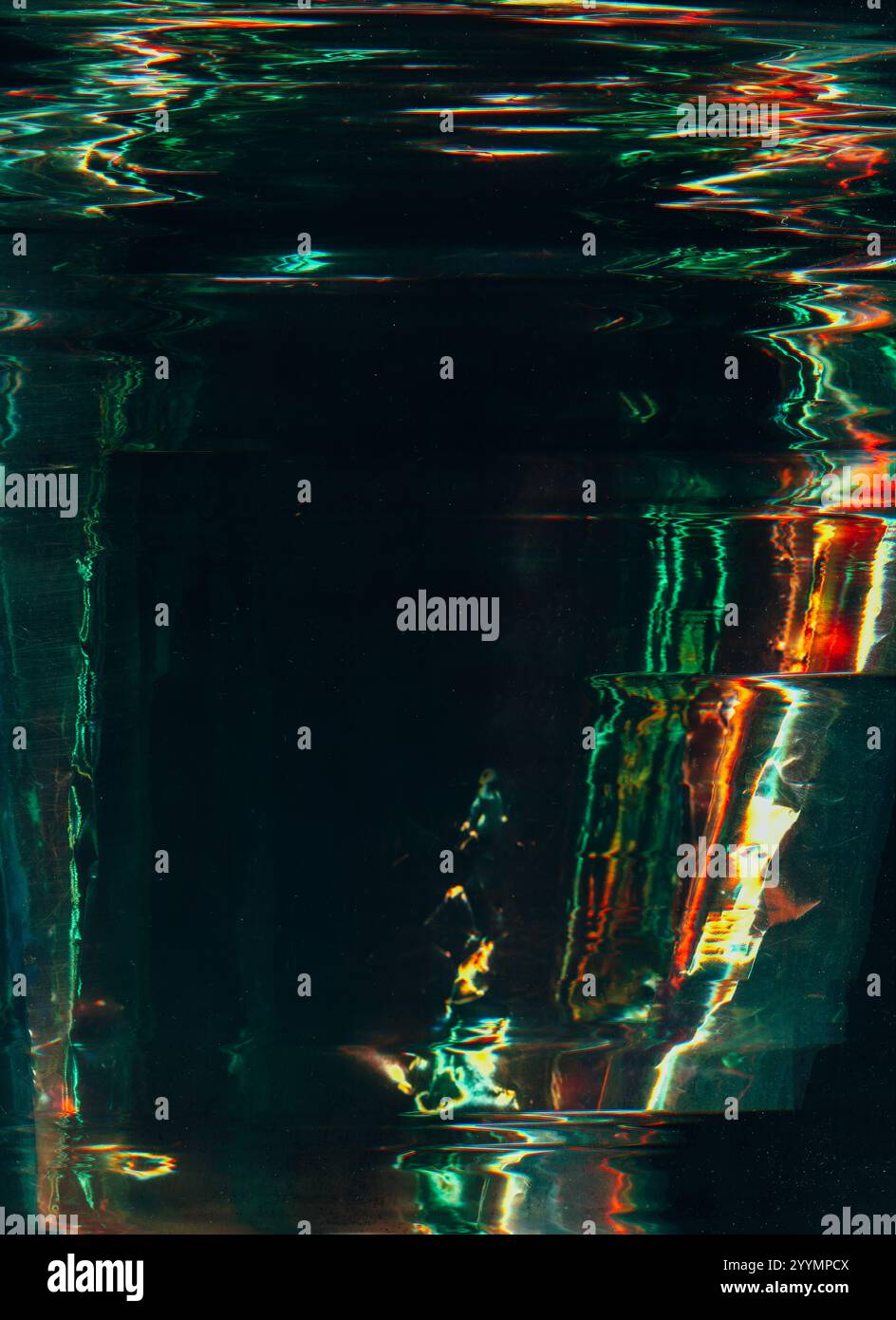 Damaged film. Distressed foil overlay. Green orange color flare glitch ...