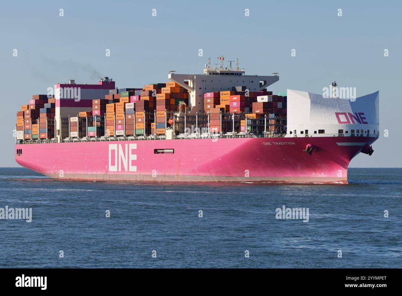 The container ship ONE Tradition arrives at the port of Rotterdam on ...