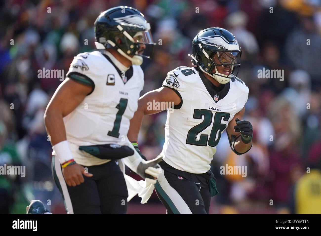 Philadelphia Eagles running back Saquon Barkley (26) celebrating his touchdown with his teammate ...