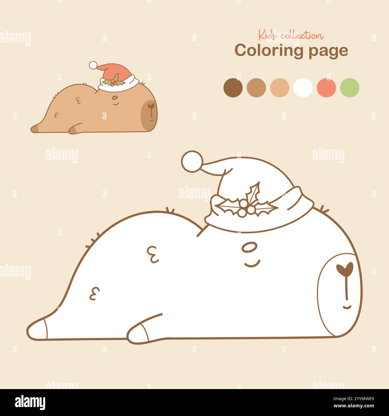 Cute Christmas sleeping Capybara in Santa hat. Outline Funny cartoon ...