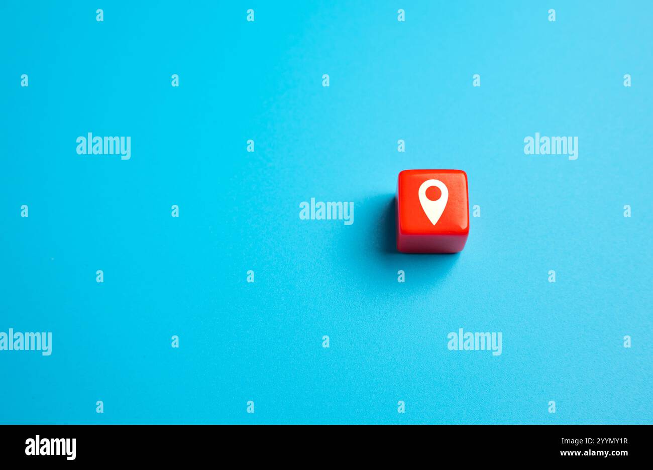 Red block with geolocation symbol on a blue background. Search for new ...
