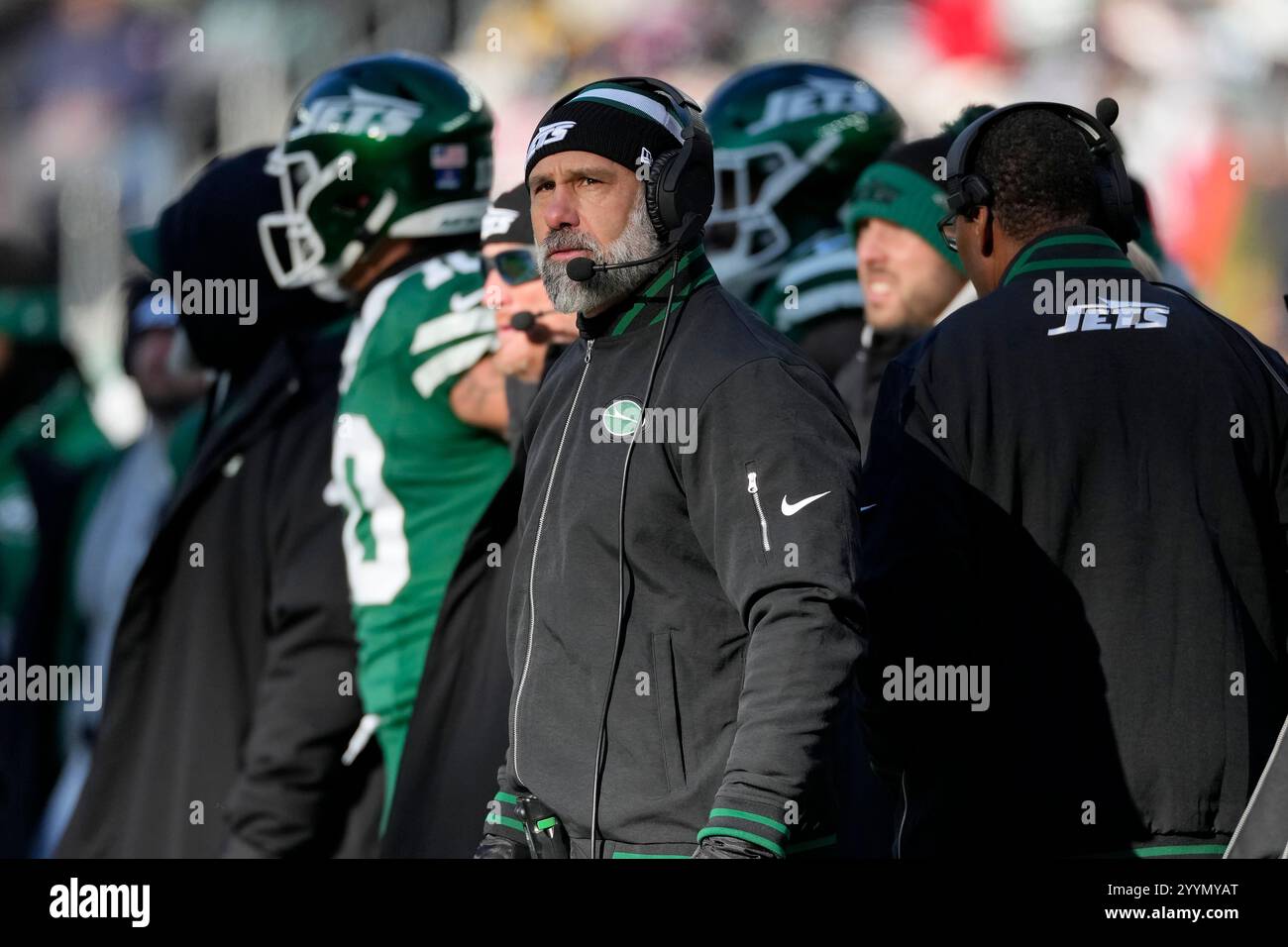New York Jets interim head coach Jeff Ulbrich watches from the sideline ...