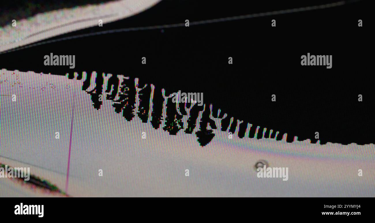 Display failure. Damage overlay. Black ink spills over glitch surface ...