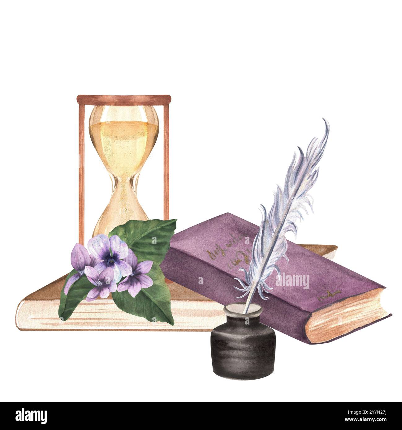 Hourglass, old books, inkwell and quill for calligraphy and violet ...