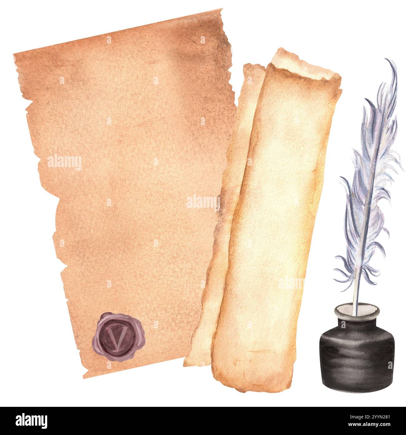 Paper sheet with wax seal, paper scroll, inkwell and quill pen ...