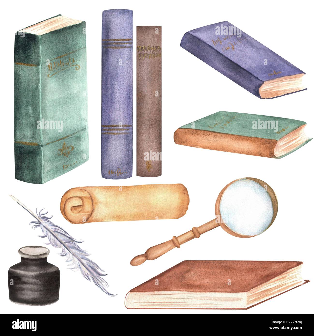 A set of illustrations on the topic of reading. Books, scroll, inkwell ...