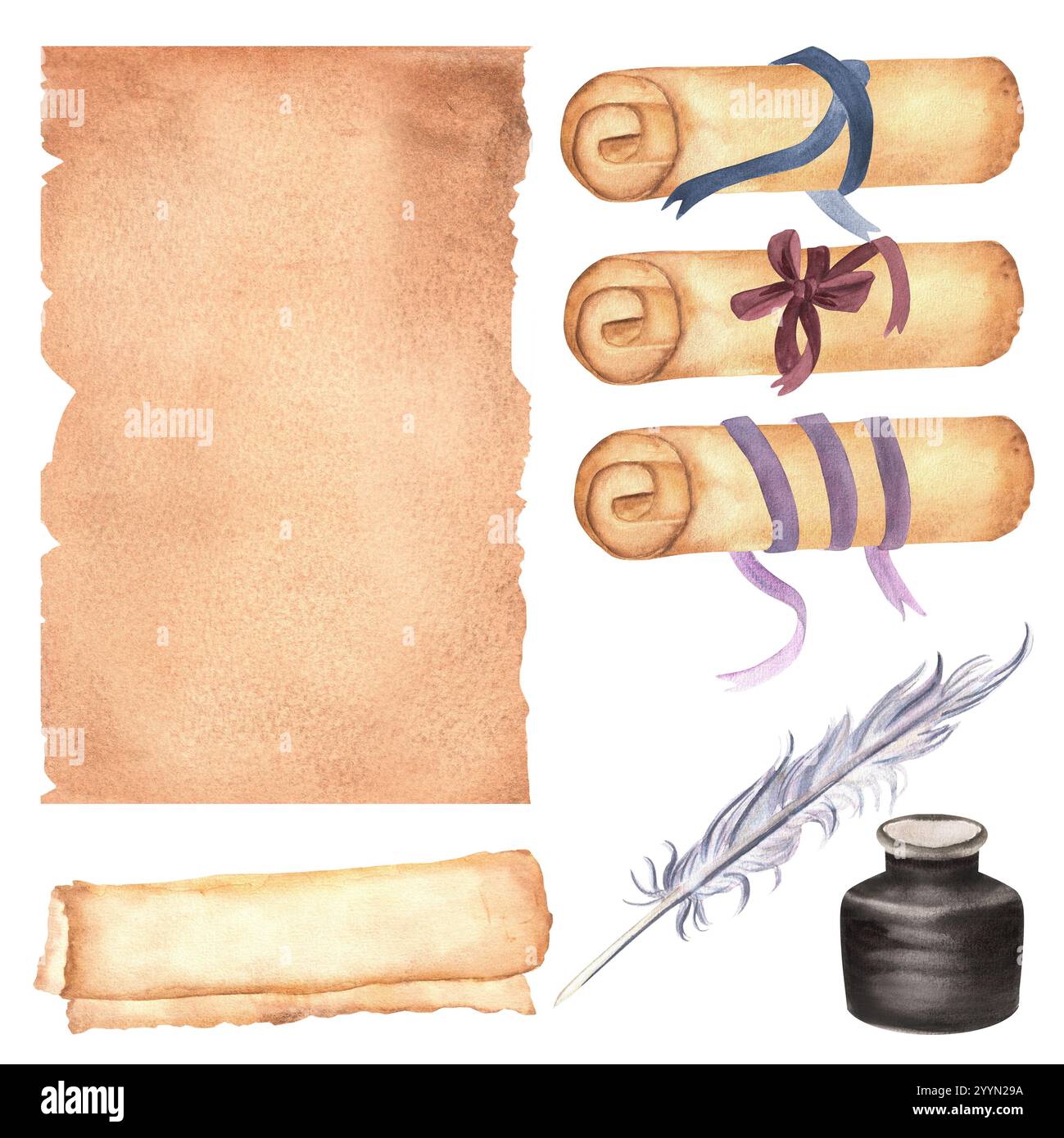 A bundle of writing design clipart elements. Paper sheet, scrolls tied ...
