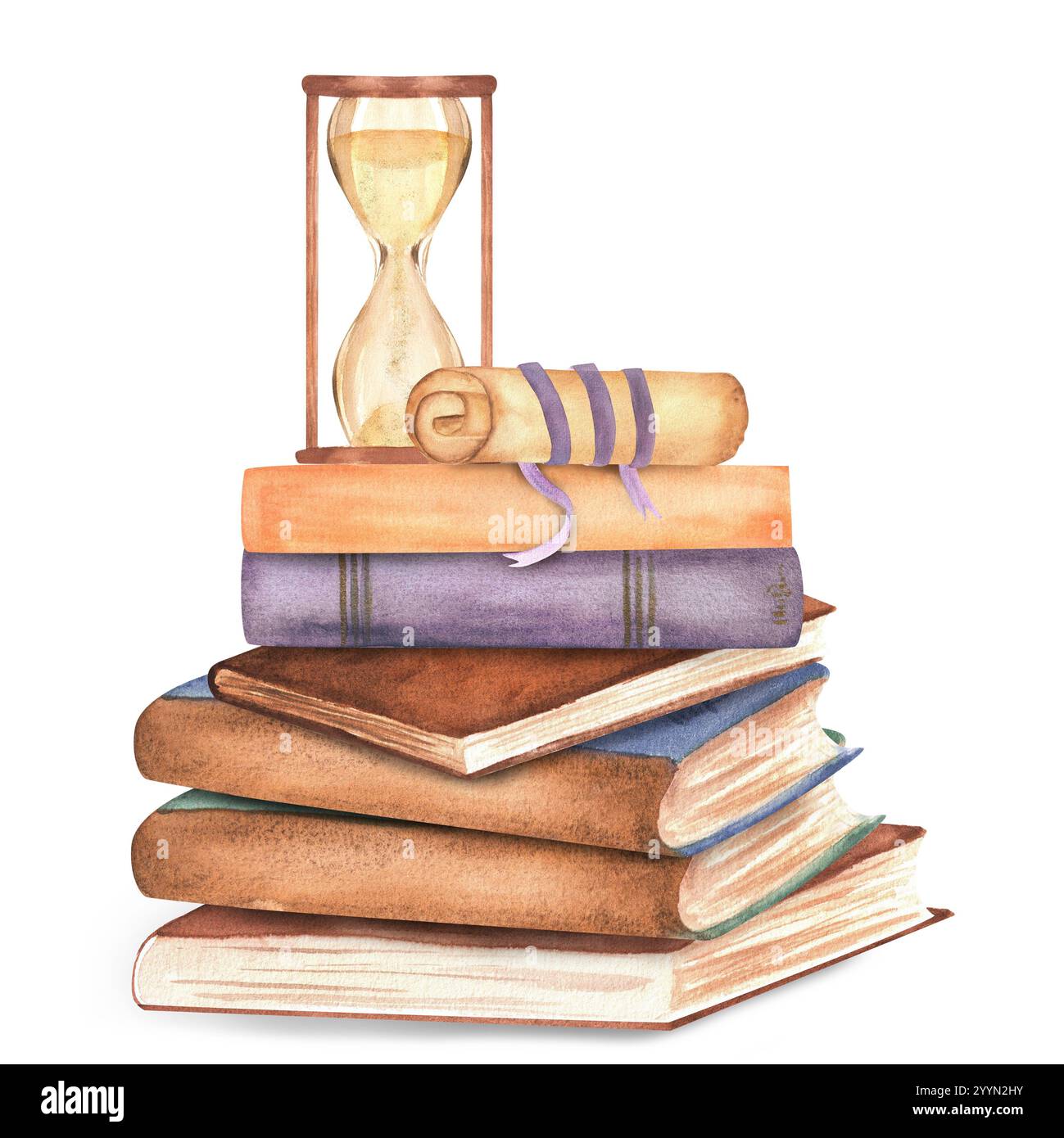 A pile of books with scroll and hourglass on top. Clipart elements on ...
